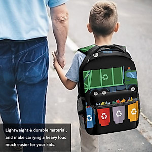 School Bag Girls Boys Backpack Garbage Truck Trash Recycling Student Shoulder Book Bag Boy Girl Lightweight Durable Middle Elementary College Bags Satchel Travel Bag Hiking Camping Daypack