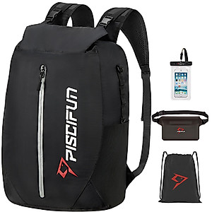 Piscifun Dry Bag Waterproof, Floating Dry Backpack, Lightweight Waterproof Dry Bag with Waist Pouch and Phone Case for Kayaking, Camping, Beach, Boating & Swimming for Men & Women Black 20L