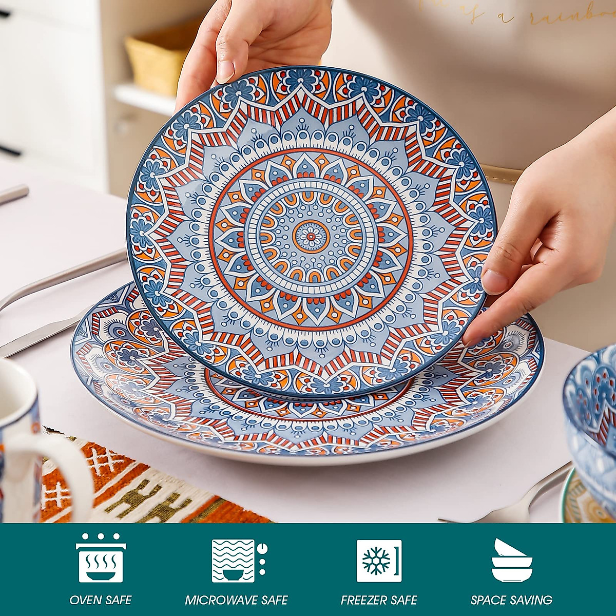 vancasso Mandala Dinnerware Sets 16 Pieces Porcelain Dinner Set for 4 Boho Plates and Bowls Dish Set with 10.5in Dinner Plates, 8in Dessert Plates, 6in Bowls and 13oz Mugs