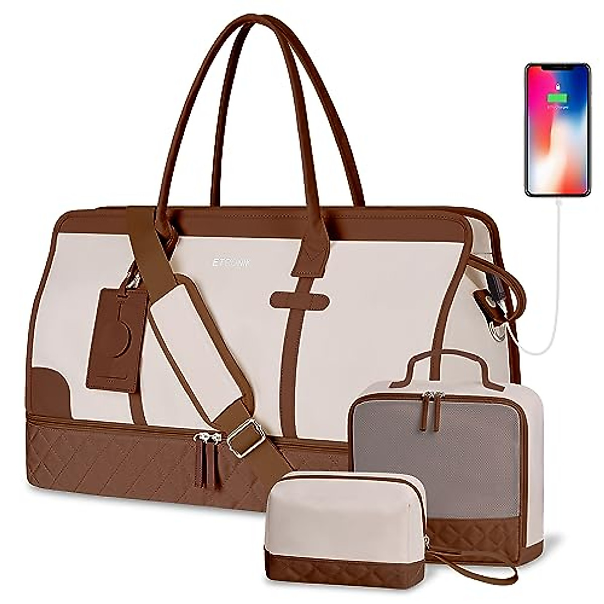 ETRONIK Weekender Overnight Bag for Women, Large Travel Duffle Bag with Shoe Compartment & Wet Pocket, Carry On Tote Bag Gym Duffel Bag with Toiletry Bag, Bag for Hospital 4 Pcs Set, Beige-Brown