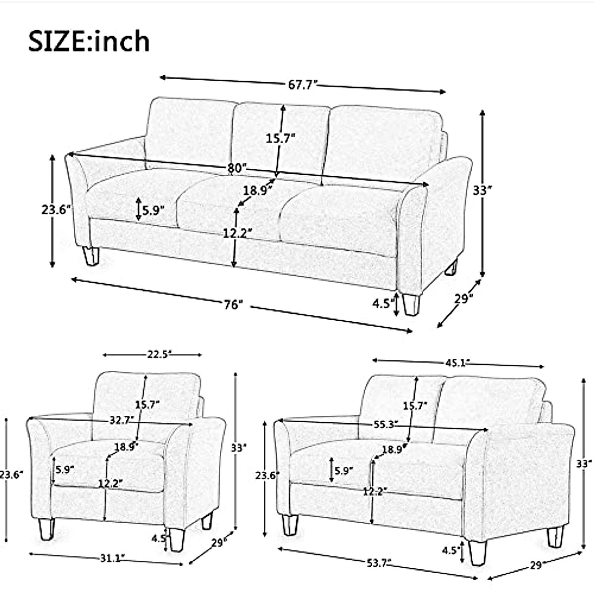 Cotoala 3 Piece Living Room Sofa Set, Upholstered Sectional Couch Set, One Three-Seat Chair & Loveseat and Armchair, (1+2+3 ), Cement Gray