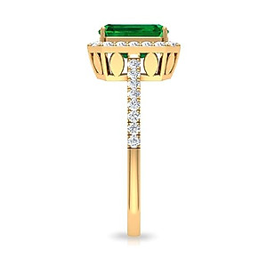 Rosec Jewels Lab Grown Emerald Diamond Halo Engagement Ring, AAAA Quality, Certified Emerald 6X8 MM Emerald Cut Engagement Ring, 14K Yellow Gold, Size:US 7.00