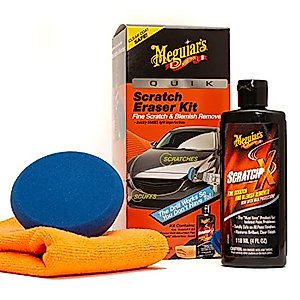 Meguiar's Quik Scratch Eraser Kit, Car Scratch Remover for Repairing Surface Blemishes, Car Care Kit with ScratchX, Drill-Mounted Pad, and Microfiber Towel, 3 Count