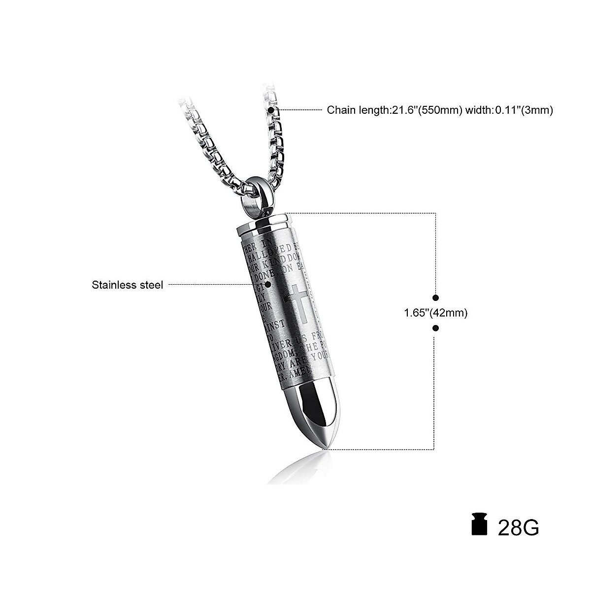 LIANTSH Lord's Prayer Cross Bullet Pendant Stainless Steel Lords Bible in English Cross Prayer Cremation Ashes Urn Necklace, Free Chain-Silver Color