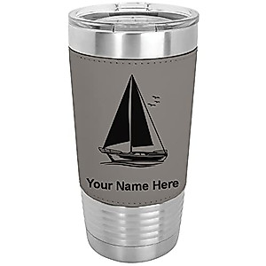 LaserGram 20oz Vacuum Insulated Tumbler Mug, Sailboat, Personalized Engraving Included (Faux Leather, Gray)