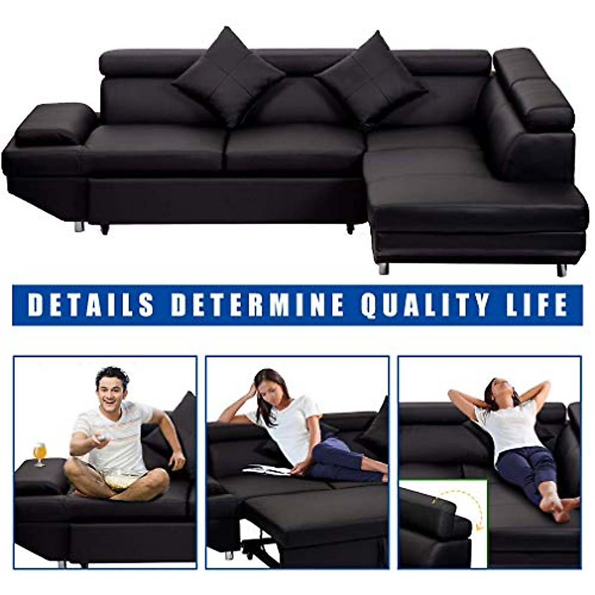 FDW Sofa Sectional futon Sofa Bed Sofa for Living Room Couches and Sleeper Sofa PU Leather Sofa Set Corner Modern Queen 2 Piece Contemporary Upholstered，Black