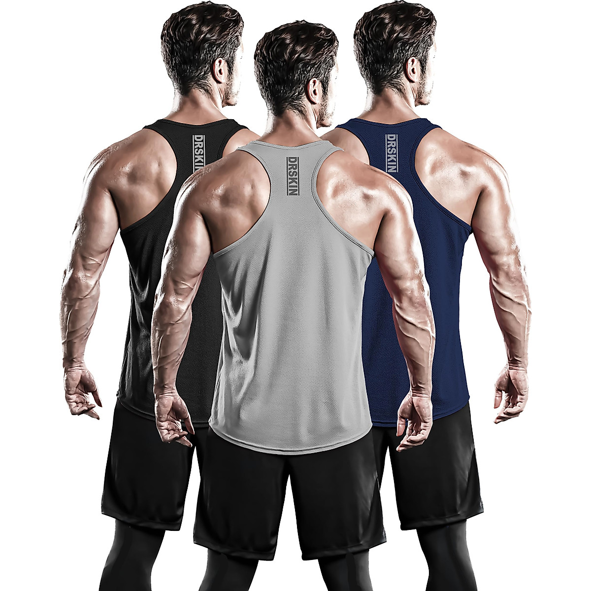 DRSKIN Men's 3 Pack Dry Fit Y-Back Muscle Tank Tops Mesh Sleeveless Gym Bodybuilding Training Athletic Workout Cool Shirts (BTF-ME-TA-(B,N,G), XL)
