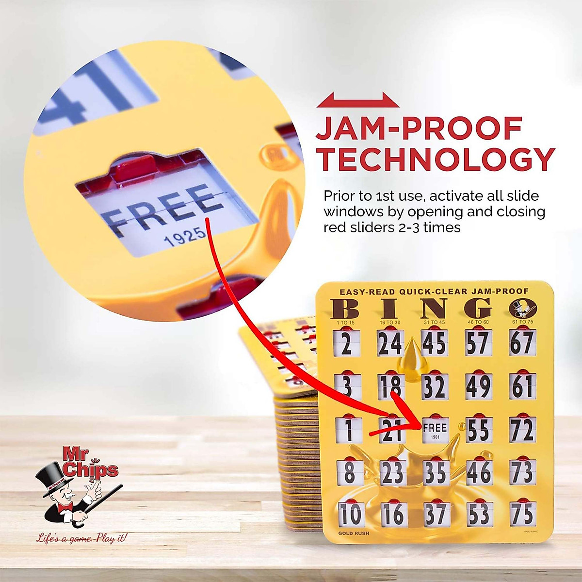 MR CHIPS Jam-Proof Easy-Read Quick-Clear Large Print Fingertip Slide Bingo Cards with Sliding Windows 10 Pack in Gold Rush Style
