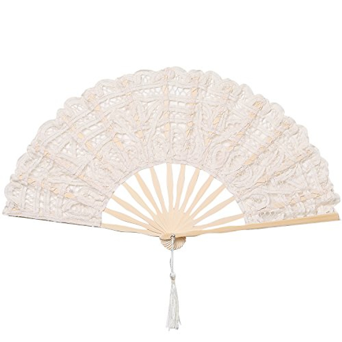 BABEYOND Cotton Lace Folding Handheld Fan Embroidered Bridal Hand Fan with Bamboo Staves for Wedding Decoration Dancing Party (Beige)