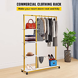 VEVOR Clothing Garment Rack, 39.4"x14.2"x59.1", Heavy-duty Clothes Rack w/Bottom Shelf & Extra 3 Side Shelves, 4 Swivel Casters, Rolling Clothes Organizer for Laundry Room Retail Store Boutique, Gold
