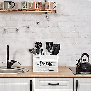 Uituka Utensil Holder Organizer Countertop for Kitchen Wood Crock Farmhouse Caddy Flatware Storage Box Rustic Utensils for Kitchen with 2 Compartments