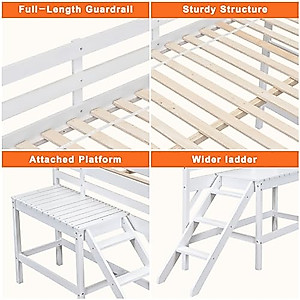 Dolonm Full Loft Bed with Platform, Wooden Low Height Loft Bed Frame with Ladder, Metal Loft Bed Frame for Kids Teens Adults, Full Size for Bedrooms, White