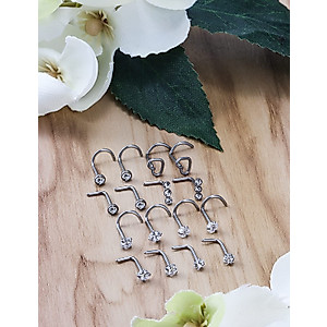 Kwoencxi 20G Nose Rings Stud Piercing Jewelry for Women 20 Gauge Surgical Stainless Steel Screw Twist Spiral L Shaped Bend Silver Nose Nostril Ring Stud Hook Piercing Jewelry Pack Set Men Diamond 2MM