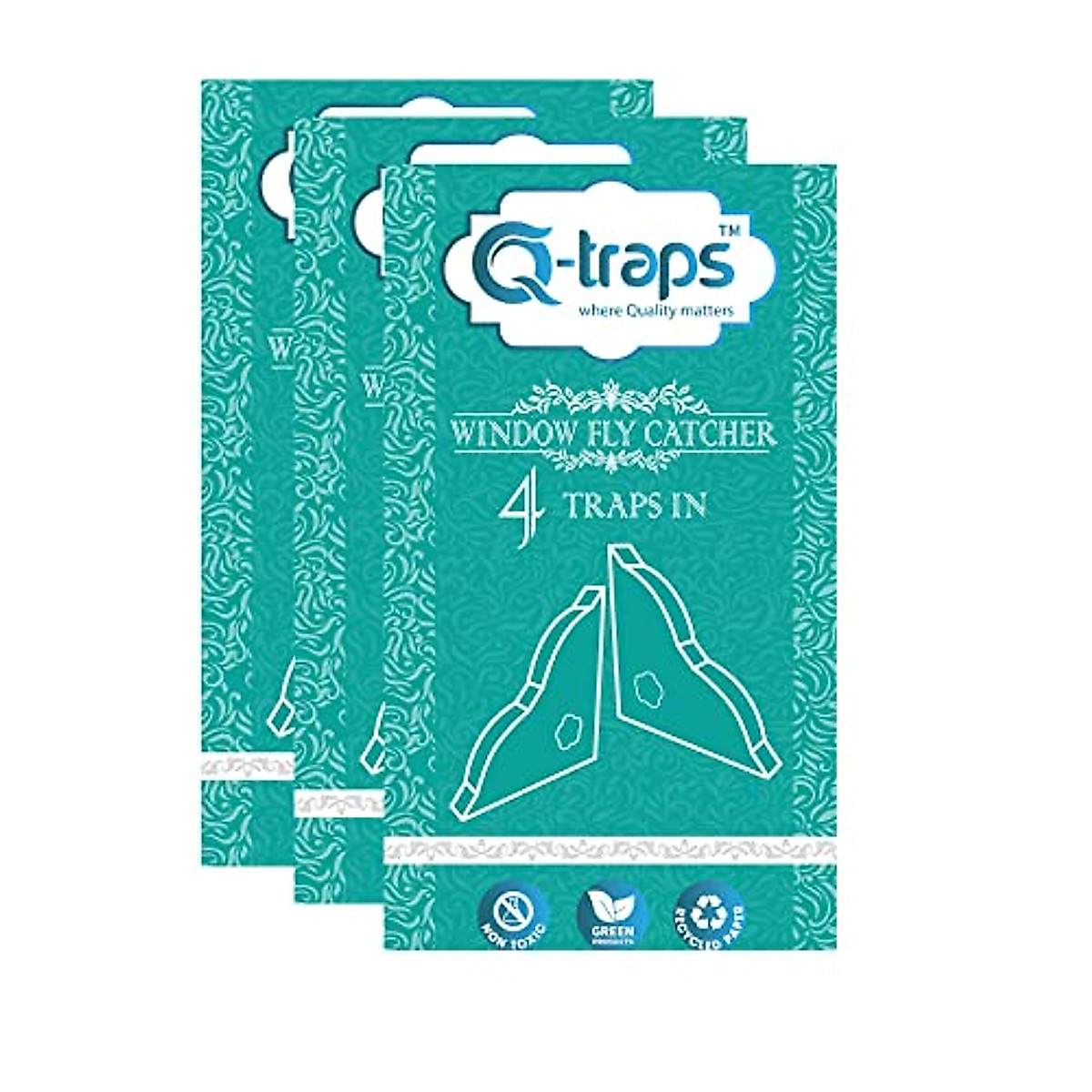 Qtraps Window Fly Traps | Disposable Indoor Fly Catchers w/Non-Toxic Sticky Glue & Decorative Blue Design | Fold Box & Place in Corner of Sill to Catch & Hide Flying Pests (12 Traps)