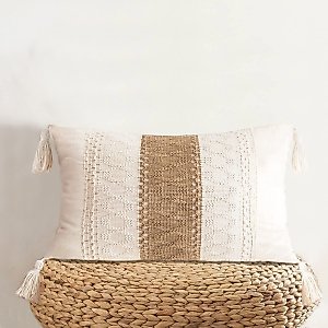 DUKYMIK Lumbar Woven Farmhouse Accent Decorative Throw Pillow Cover for Couch Sofa - 12 x 20 Inch Boho Neutral Pillow Cushion with Tassels for Living Room, Natural Beige, (Single Stripe)