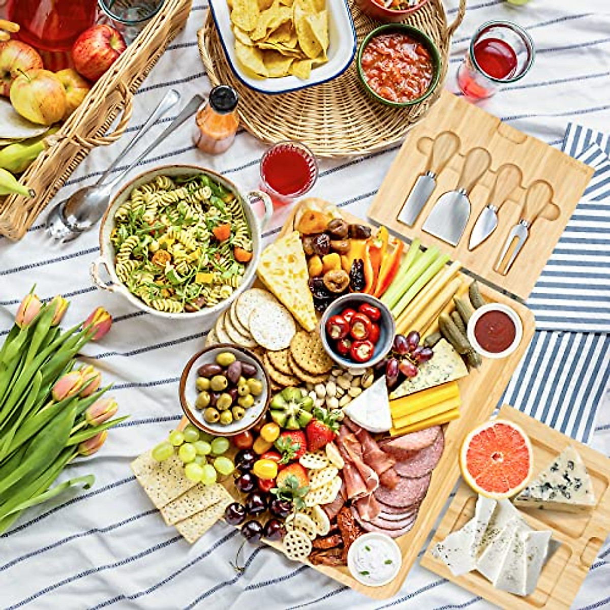 Secura Cheese Board Set, Bamboo Charcuterie Board Meat Platter Serving Tray and Knife Set with 2 Ceramic Bowls, Gift for Mother's Day Easter Thanksgiving Christmas Housewarming Wedding Anniversary