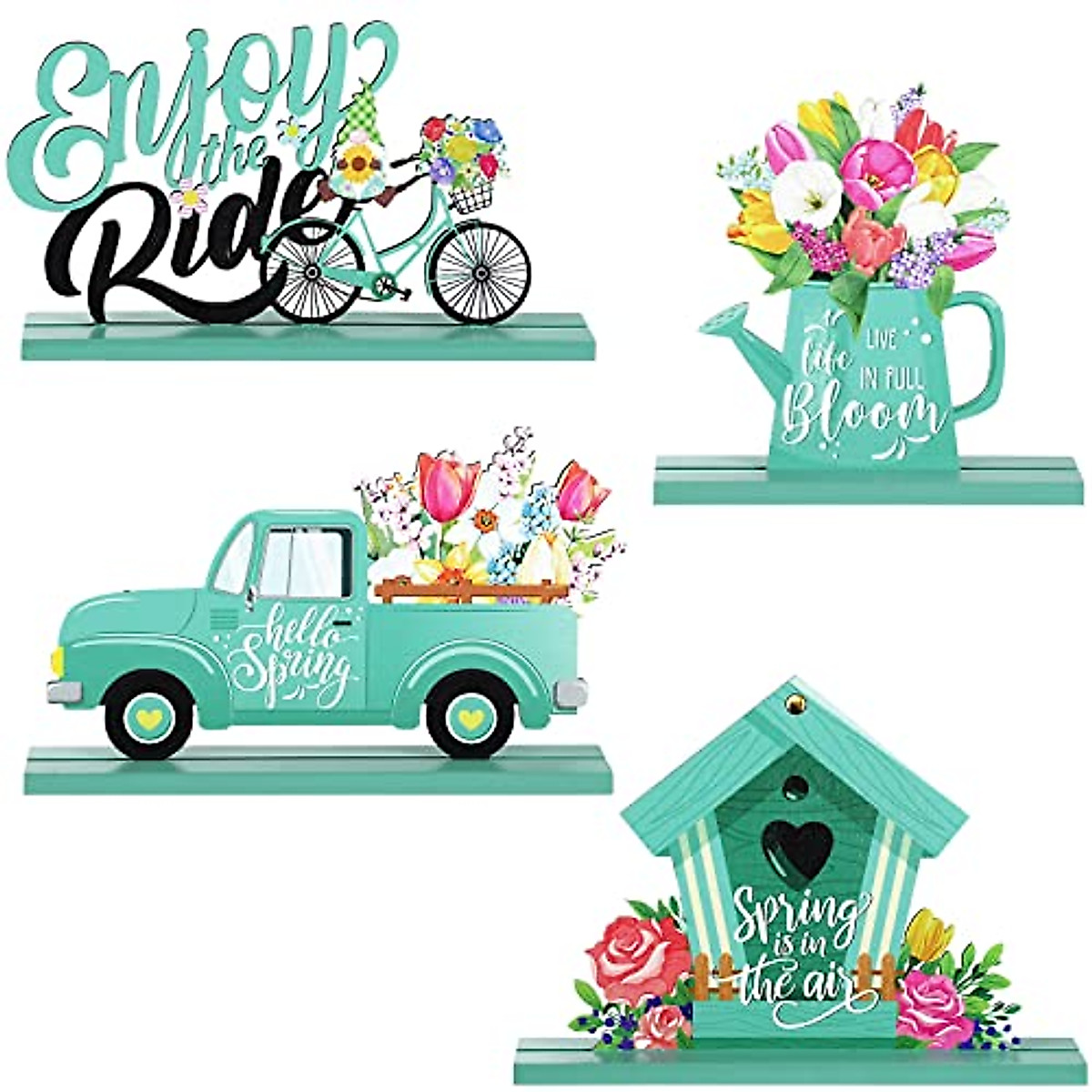 4 Pcs Hello Spring Table Decorations Easter Spring Table Centerpieces Enjoy The Ride Wooden Signs Spring Decorations for Home Wooden Letter Blocks Spring Party Ornament Farmhouse Rustic Table Decor