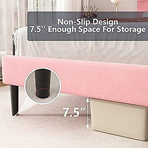 UNIZONE Queen Size Upholstered Bed Frame with Tufted Headboard, Velvet Platform Bed with Headboard, Wood Slats Support, Mattress Foundation, No Box Spring Needed, Easy Assembly, No Squeak, Pink