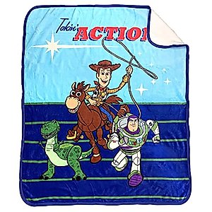 Disney Pixar Toy Story Takin Action Sherpa Throw Blanket - Measures 50 x 60 inches, Kids Bedding Features Woody & Buzz Lightyear - Fade Resistant Super Soft - (Official Disney Pixar Product)