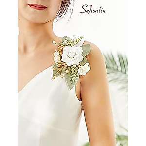 Serwalin White Corsage and Boutonniere Set, Prom Artificial Flower Wrist Corsage Bracelets, Homecoming Corsage Wristlet, Boutonniere for Men Wedding Flowers Accessories Prom Suit Decorations