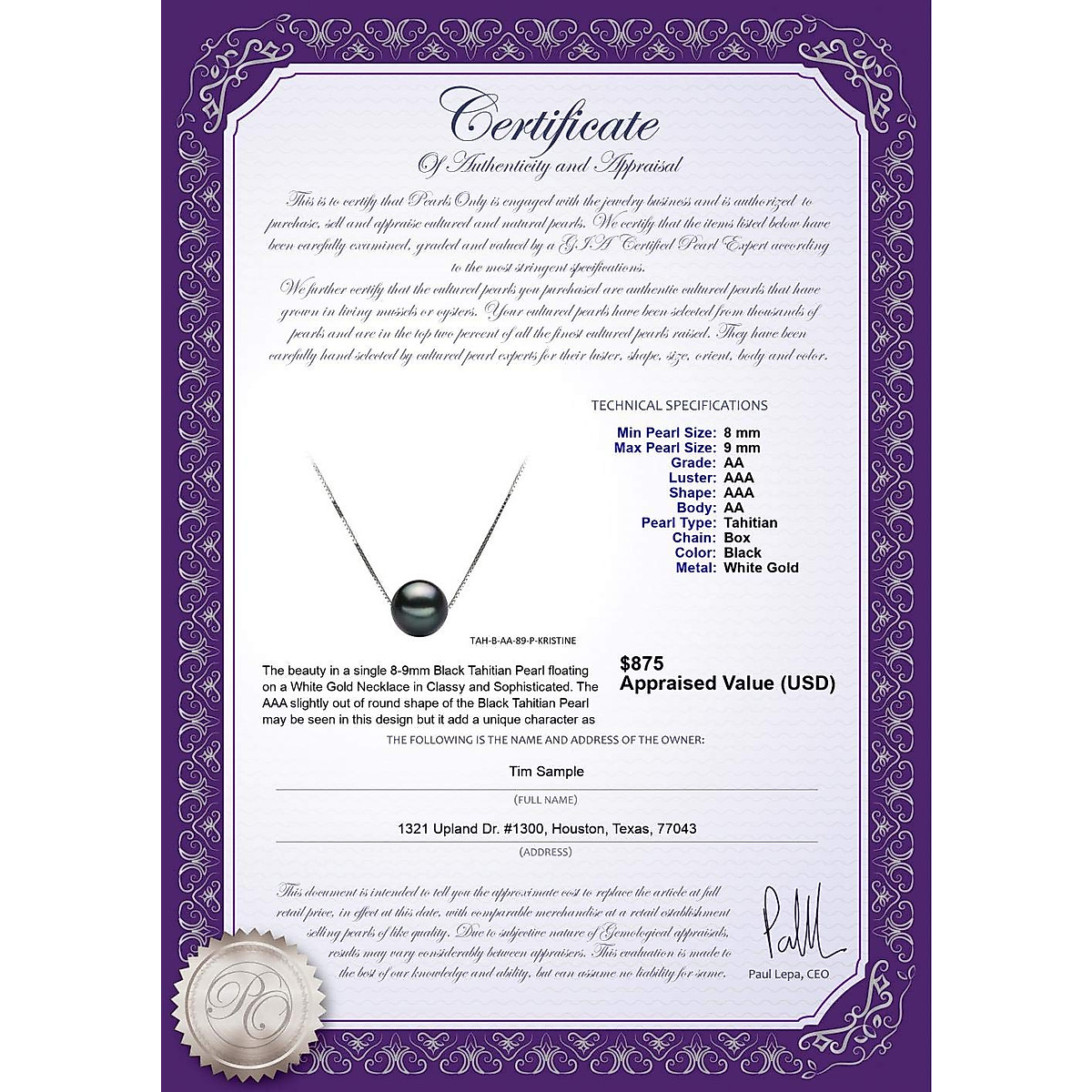 Kristine Black 8-9mm AA Quality Tahitian 14K White Gold Cultured Pearl Pendant For Women