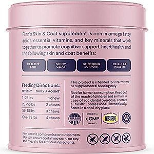 Finn Skin & Coat Salmon Oil Supplement for Dogs | Supports A Thick & Shiny Coat | Fish Oil from Wild Alaskan Salmon, Omega-3s, EPA & DHA, Biotin, & Zinc | 90 Soft Chews