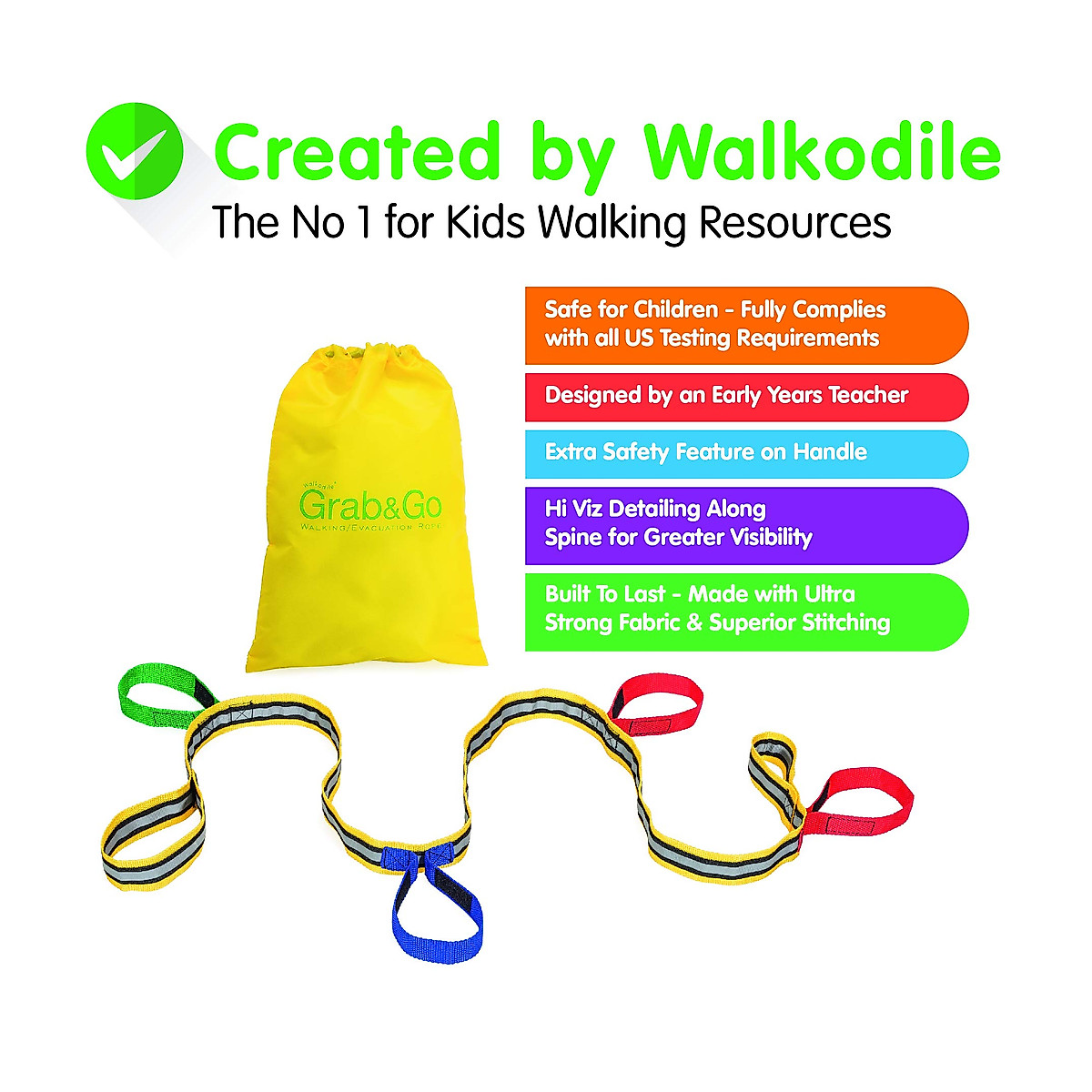 Childrens Walking Rope (4 Child) - Premium Quality, Teacher Designed, Extra Safety Feature on Handles. Hi Viz Detail for Best Visibility. Includes Free Learning Games for Walks Guide