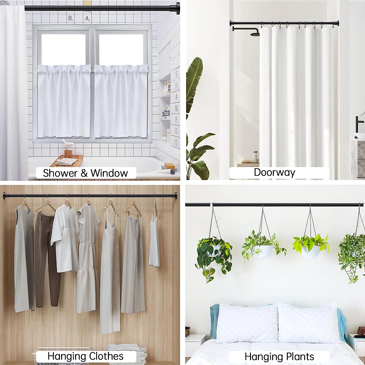 BRIOFOX Shower Curtain Rod Adjustable 61-75 Inch, Spring Tension Shower Rod No Drilling Non Slip, Matte Black