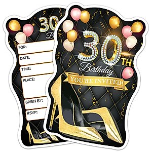 ERHACHAIJIA 20 PCS Pink Balloons & Black Golden High Heels Shaped Fill-In Invitations Cards With Envelopes, Funny 30th Birthday Party Happy 30 Year Old Birthday Invites For Women Lady Wife Mom Adults