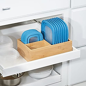 mDesign Bamboo Kitchen Pantry Cabinet Organizer Storage Box, 3 Divided Sections, Holds Plastic and Glassware Lids for Leftovers, Snacks, Condiments, and Sauce, Echo Collection, 4 Pack, Natural/Tan