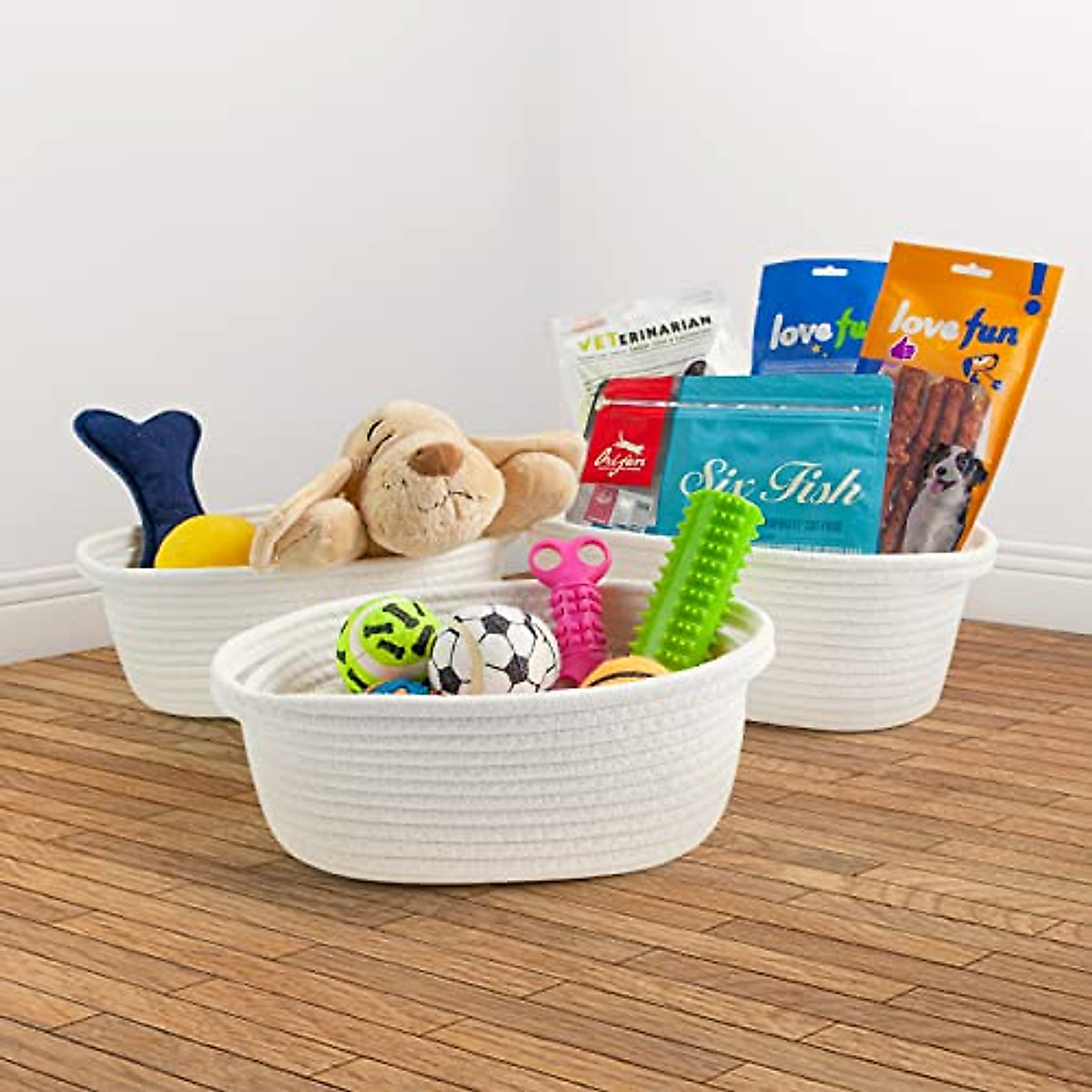 Pro Goleem 3-Piece Small Woven Basket with Gift Bags and Ribbons, Different Size Baskets for Gifts Empty, Easter Baskets Empty, Rope Basket for Storage, 12"X 8" X 5" Baby Basket with handles, White