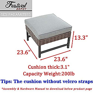 Festival Depot Patio Ottoman Square Wicker Footstool with Cushion for Foot Rest in Metal Frame All Weather Outdoor Furniture for Garden Yard Lawn