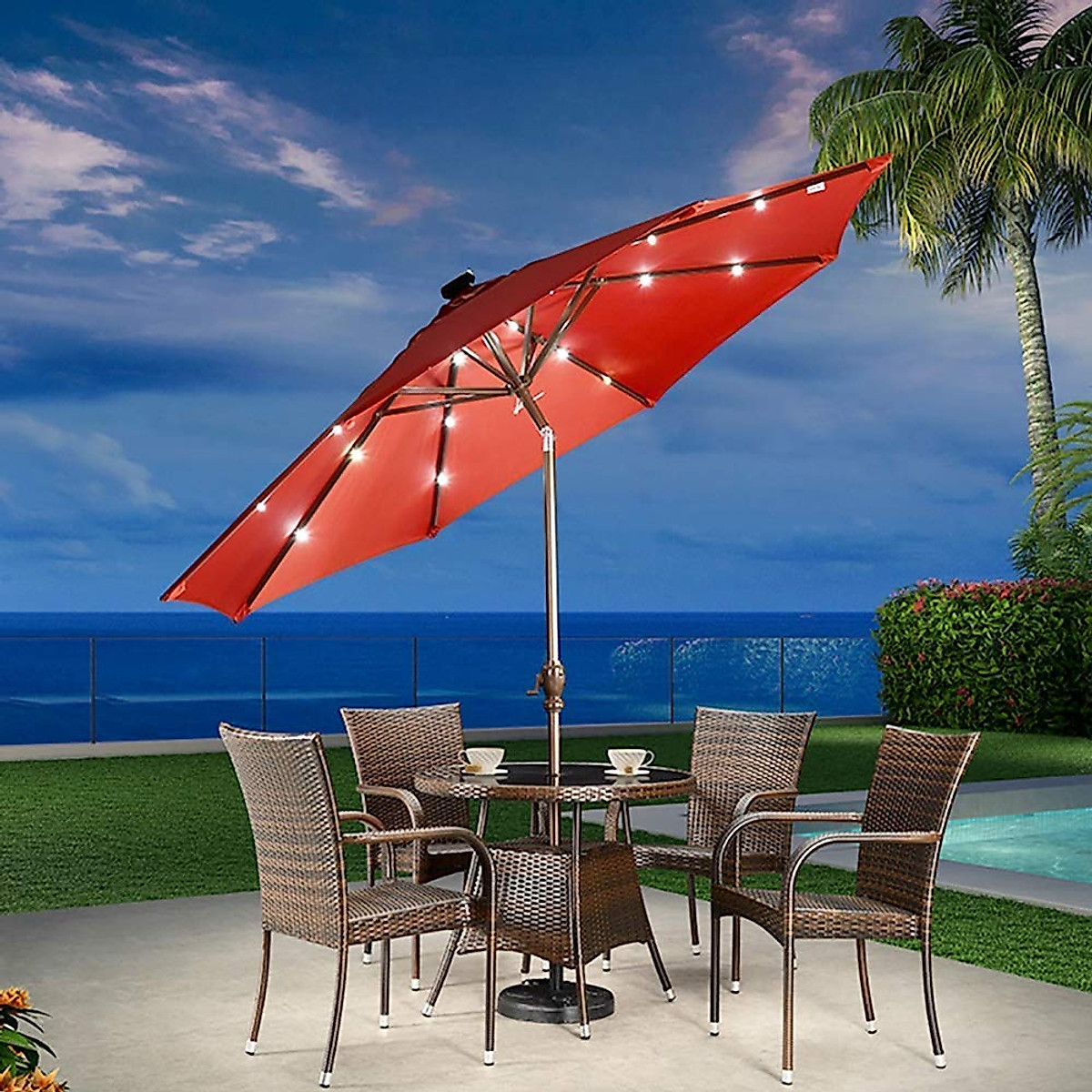 Garden Parasols with Solar LED Lights, 8 Steel Ribs, Tilt Mechanism, Base not Included, for Balcony Terrace Garden Outdoor