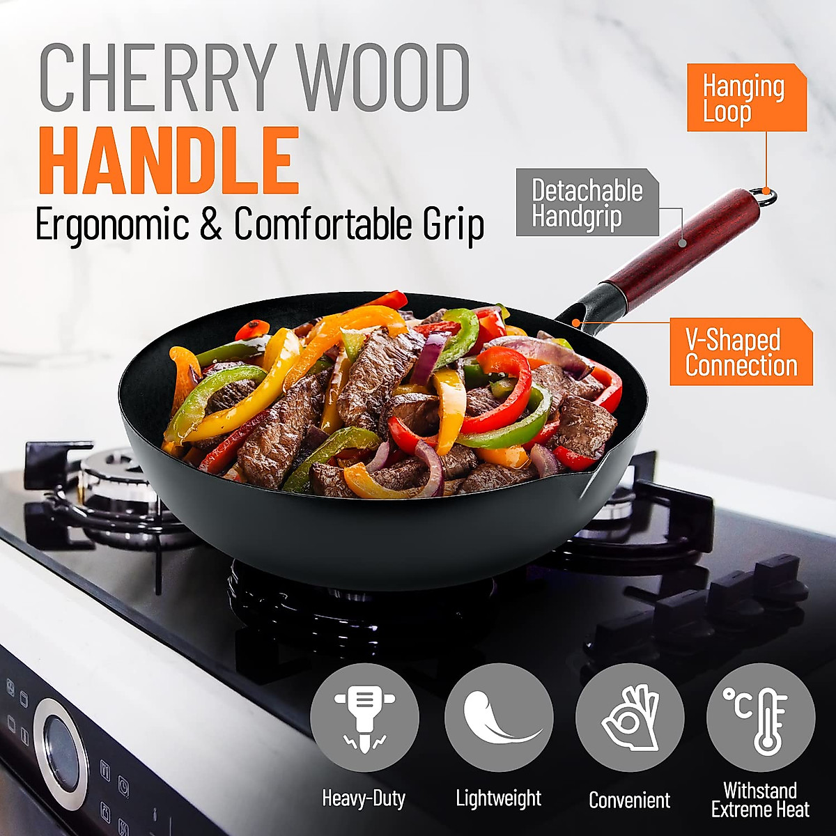 Homeries Wok Pan - 12.8" Woks and Stir Fry Pans, Carbon Steel Wok with Wooden Handle and Lid and 2 Spatulas - Non-Stick Flat Bottom Wok Frying Pan Suitable for Electric, Induction, and Gas Stoves
