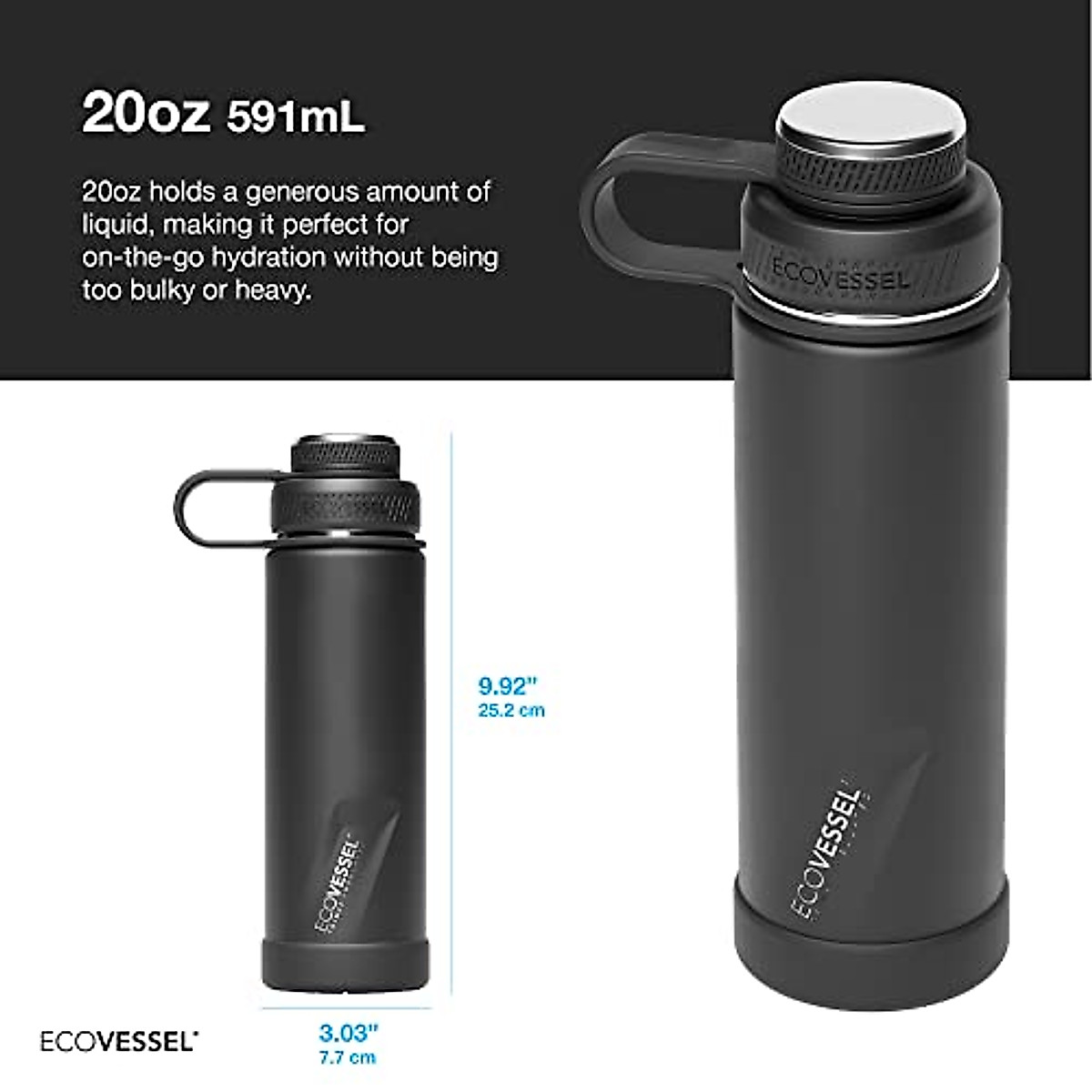 EcoVessel Stainless Steel Water Bottle with Insulated Dual Lid, Insulated Water Bottle with Strainer and Silicone Bottle Bumper, Coffee Mug – 20oz (Northern Lights)