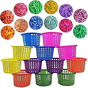 Easter Baskets Bulk, 12+12PCS Plastic Easter Baskets Small and Colorful Easter Grass Stuffers, Easter Bucket with Handles for Kids Boys Girls, Fillers Easter Round Baskets for Party Easter Hunt
