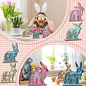 4 Pcs Easter Table Decor Bunny Wooden Signs Spring Rabbit Wood Tabletop Decorations Easter Tiered Tray Decor Bunny Freestanding Centerpiece Reversible Double Printed Bunny Table Decor with Jute Rope