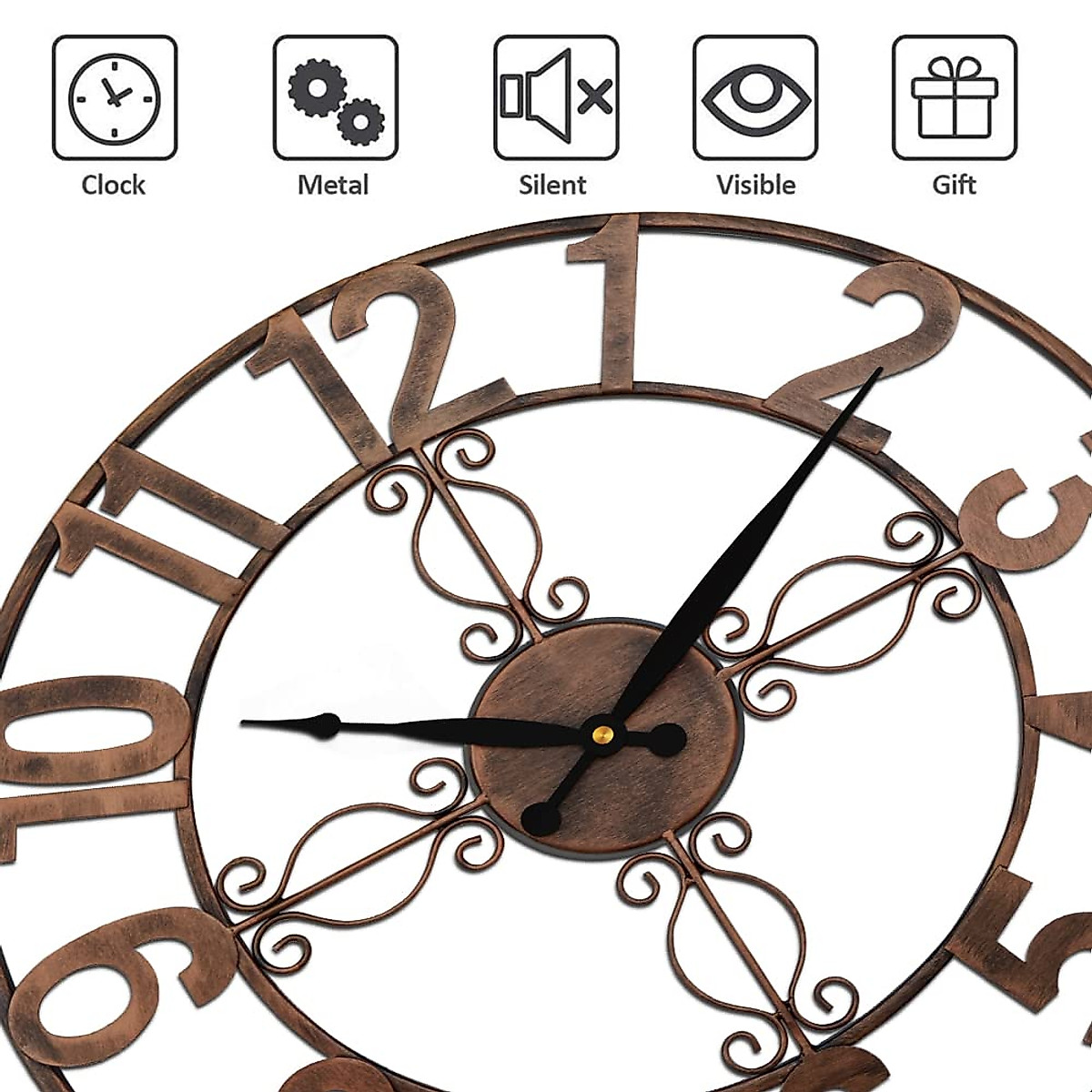 UMEXUS Outdoor Indoor Retro Wall Clock Waterproof, 18 Inch Metal Cut Out Large Decorative Silent Non Ticking Wall Clock for Living Room, Patio, Garden, Office, Home Decor (Copper)