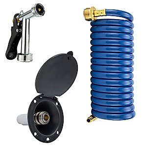 RecPro RV Exterior Spray Port Hook-Up Connector | Optional Hose with Sprayer or Quick Connector | RV Exterior Shower Port (Black, 15' Hose and Sprayer)
