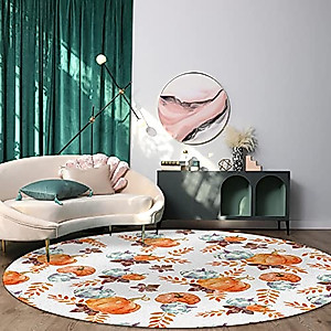 LIFEMUSION Thanksgiving Round Area Rugs, Watercolor Teal Orange Pumpkin Fall Maple Leaf Non-Skid Children Playing Mat, 3ft Soft Circle Farmhouse Rugs for Living Room, Bedroom, Dining Room