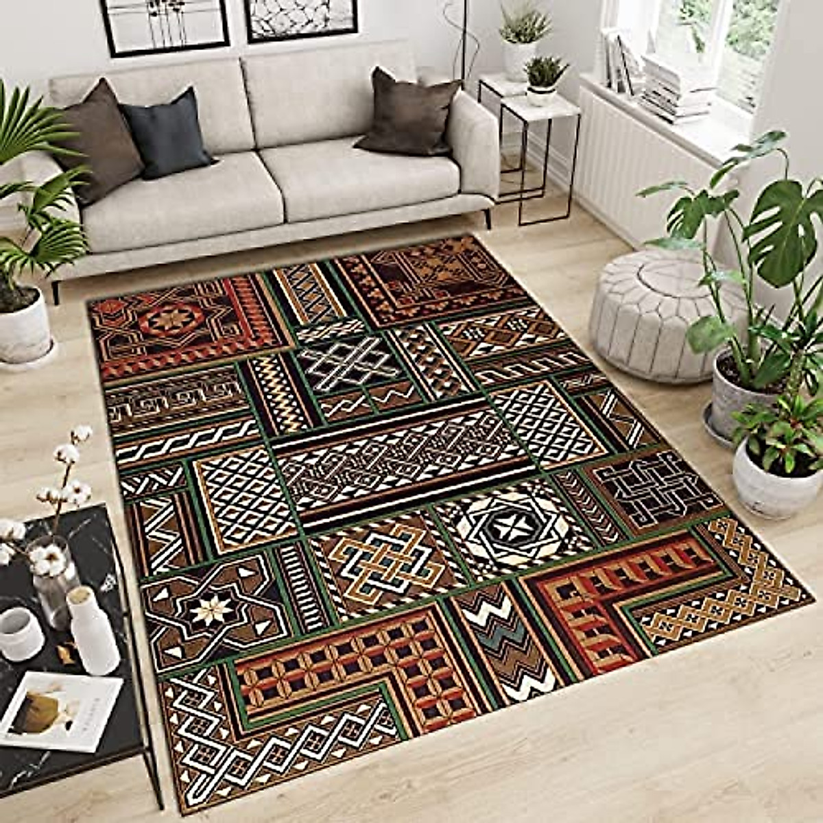 African Style Area Rugs, Traditional Ethnic Geometric Upholstery Living Room Carpet Non-Slip Crystal Flannel for Hotel Office Home Decor Doormat Entrance Hall Yoga Mat 5ftx7ft