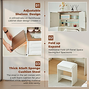 JanflyHome Small Vanity Desk with Mirror and Lights-Farmhouse Compact Makeup Vanity Table with Glass Tabletop & Drawers, 62.39'' Dressing Table with Fold-up Panel for Small Space & Bedroom, White