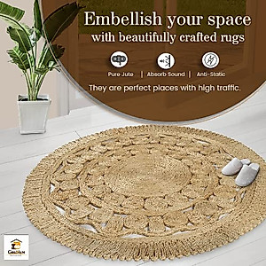 GRUHUM Handwoven Jute Area Rug- 4ft Round-Natural Fiber Boho Soft Braided Rustic Vintage Beige Reversible EcoFriendly Rugs- Farmhouse Indoor EcoFriendly Kitchen Bedroom Living Room Hallways 4'ftRound