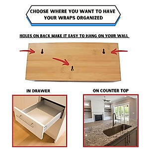 Tin foil and Plastic Wrap Organizer with Built-in Cutter, a 2-in-1 Bamboo Organizer for Kitchen, Pantry, RV, and Camper Compatible with 12-inch Rolls Labels Included.