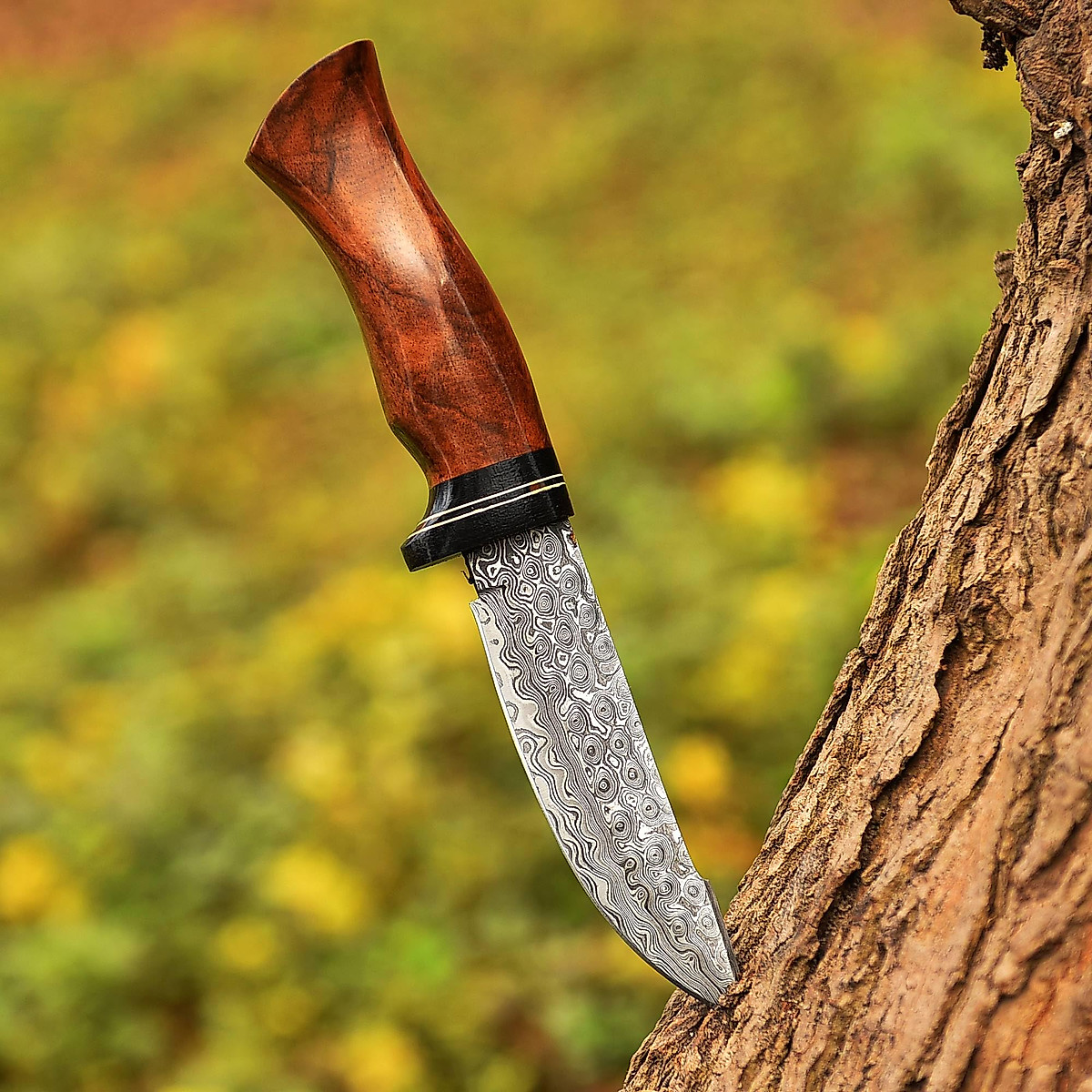 HK Knives Handmade 10''Hunting Knife,Forged Damascus for men,Bushcraft knife with Non-Slip Walnut Wood Handle & Leather Sheath,Damascus best Outdoor Indoor Camping,Survival,Skinning, Rose wood, 5x5