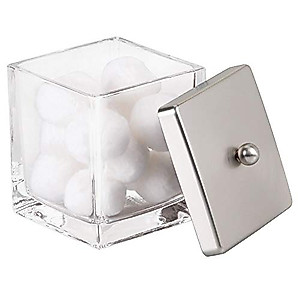mDesign Modern Glass Square Bathroom Vanity Countertop Storage Organizer Canister Jar for Cotton Swabs, Rounds, Balls, Makeup Sponges, Bath Salts - 2 Pack - Clear/Brushed