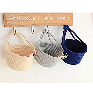 Wakauto Woven Hanging Basket Cotton Rope Storage Basket Sundries Organizer Round Container- 7 x 7 Small Hang Basket for Key, Sunglasses, Wallet on Door(Grey)