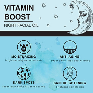 Vitamin Boost Night Facial Serum - Vitamin A, C and E for Anti-Aging, Wrinkle & Fine Line Reduction, Brightening, Damage Repairing Solution - 2 Fl Oz
