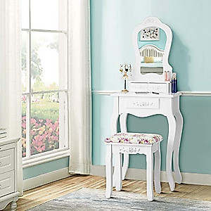 Giantex Vanity Set with 3 Drawers and Cushioned Stool, Makeup Dressing Table for Bathroom Bedroom Small Space, Vanity Table and Bench for Kids Girls Women Gifts (White)