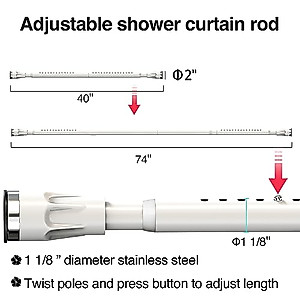 White Shower Curtain Rod Spring Tension No Drill, Adjustable Shower Rods for Bathroom Tension 40-74 inch, Never Fall Rust Proof Outdoor Tension Curtain Rod for closet,Patio,Window,Clawfoot Tub